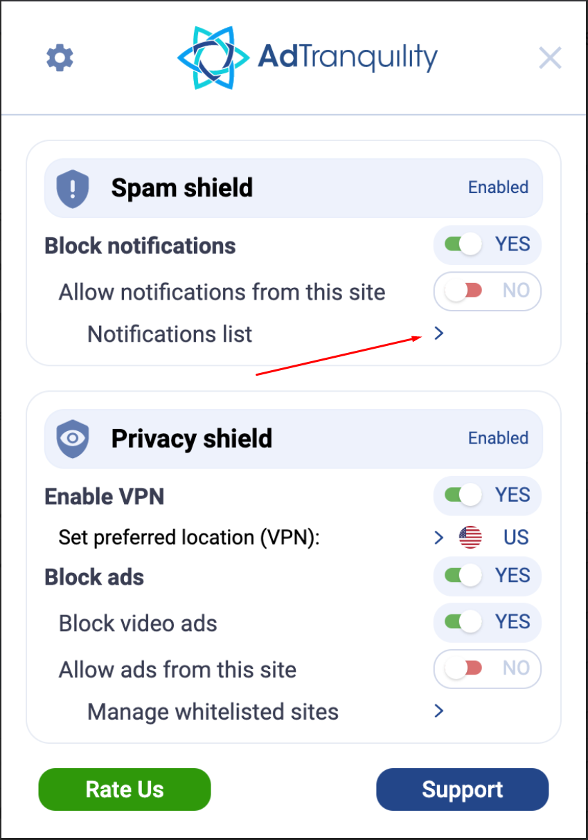 How can I set up AdTranquility's features: Spam Shield, Privacy Shield ...